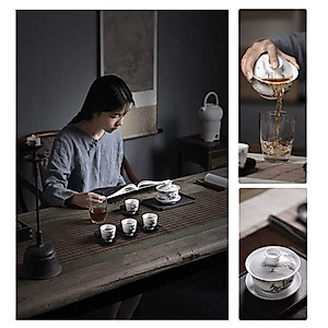 Teacups set,QMFIVE,Chinese Traditional Teaware Blue and White Porcelain Gaiwan Kungfu Tea bowl with Lid and Saucer - 6oz/180ml,Seclusion