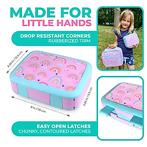 Bento Lunch Box with Thermos for Kids Set, Insulated Lunch Bag with Ice Pack, Stainless Steel Food Jar for Hot Soup, Boxes with 4 Compartments, Purple Rainbow