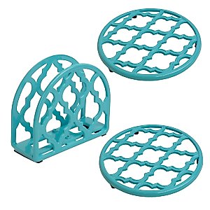 Cast Iron Kitchen Pantry Ware Bundle (3-Piece Set) Turquoise | includes Napkin Holder, 2 Trivets for Hot Pots and Pans | Lattice Collection | by Home Basics
