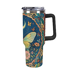 FZQVSGW Butterfly Flower Tapestry 40 Oz Tumbler with Handle And Straw Stainless Steel Vacuum Insulated Tumblers Reusable Keep Drinks Cold Coffee Cup Holder Friendly Gifts for Women Men Car Gym Travel