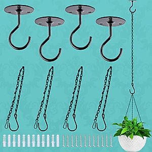 XDW-GIFTS 4 Pack Ceiling Hooks with Hanging Chains for Hanging Birdfeeder, Plants, Lanterns, Wind Chimes, Utensils, Heavy Duty, Black Coated Indoor and Outdoor