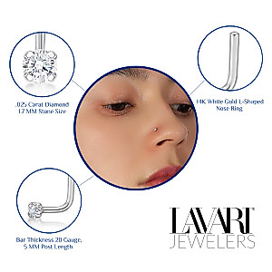 Lavari Jewelers 0.025 Carat Diamond L-Shape Nose Ring for Women in 14k White Gold 20 Gauge