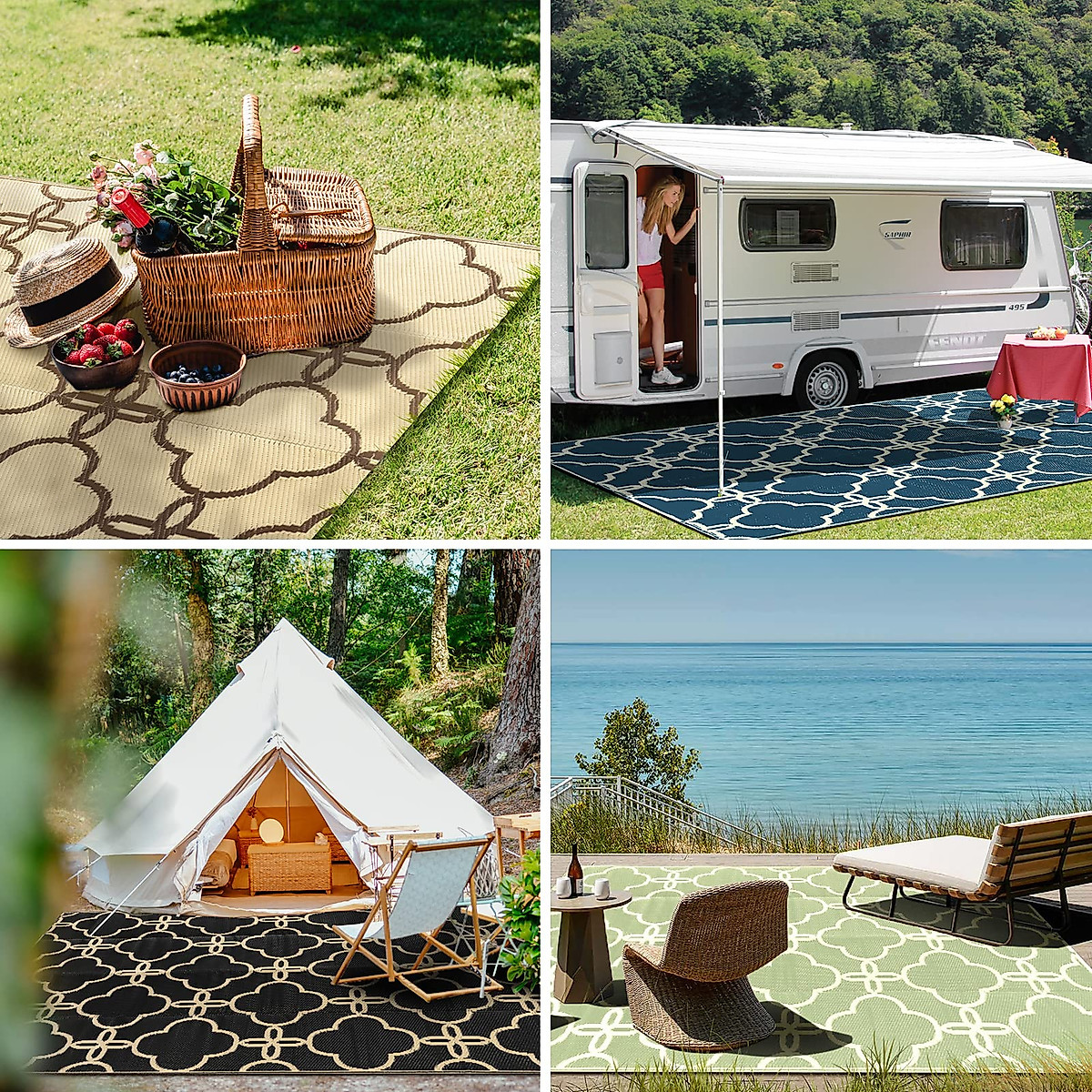 Ashler Sage Green Outdoor Plastic Straw Rug Waterproof for Patio, Clearance Reversible Camping Mats, 9x12 Large Outdoor Area Rugs with Carrying Bag, for RV, Picnic, Backyard, Indoor