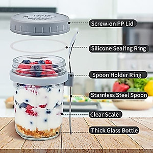 ZORRITA 4 Pack Overnight Oats Containers with Lids and Spoons, 12 oz To Go Oatmeal Container with Measurement Marks Glass Mason Jars with Lid for Yogurt Cereal Fruit Salad Parfait On The Go