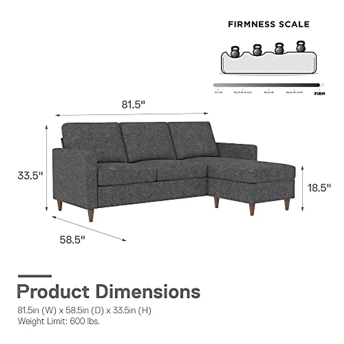 DHP Liah Reversible Sectional Sofa with Pocket Spring Cushions, Dark Gray