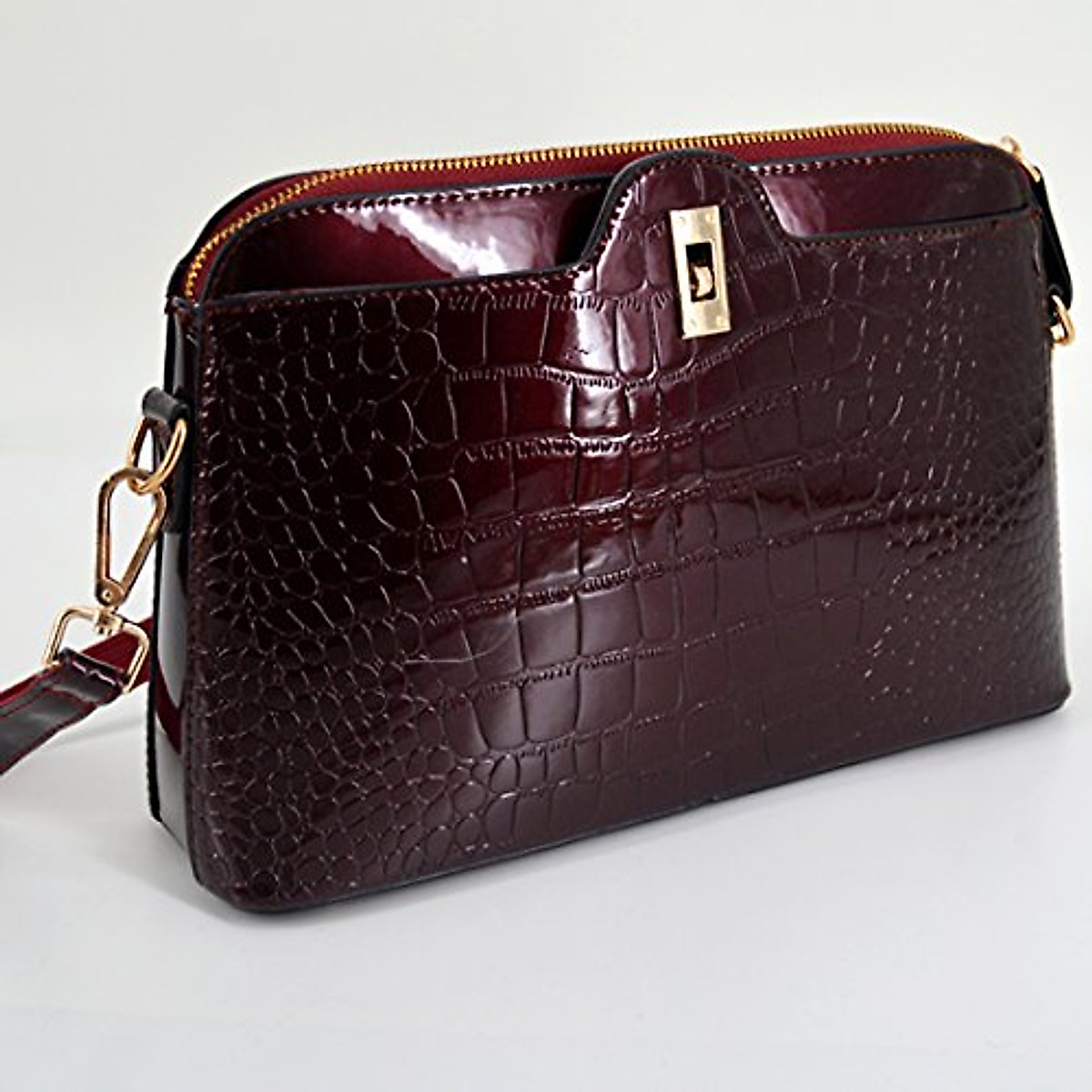 Goodbag Women Crocodile Pattern Leather Clutch Purse Multiple Pocket Evening Bag Crossbody Bag Handbag Wine Red