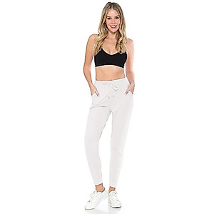 Leggings Depot Womens Relaxed fit Jogger Pants - Track Cuff Sweatpants with Pockets, White, Medium
