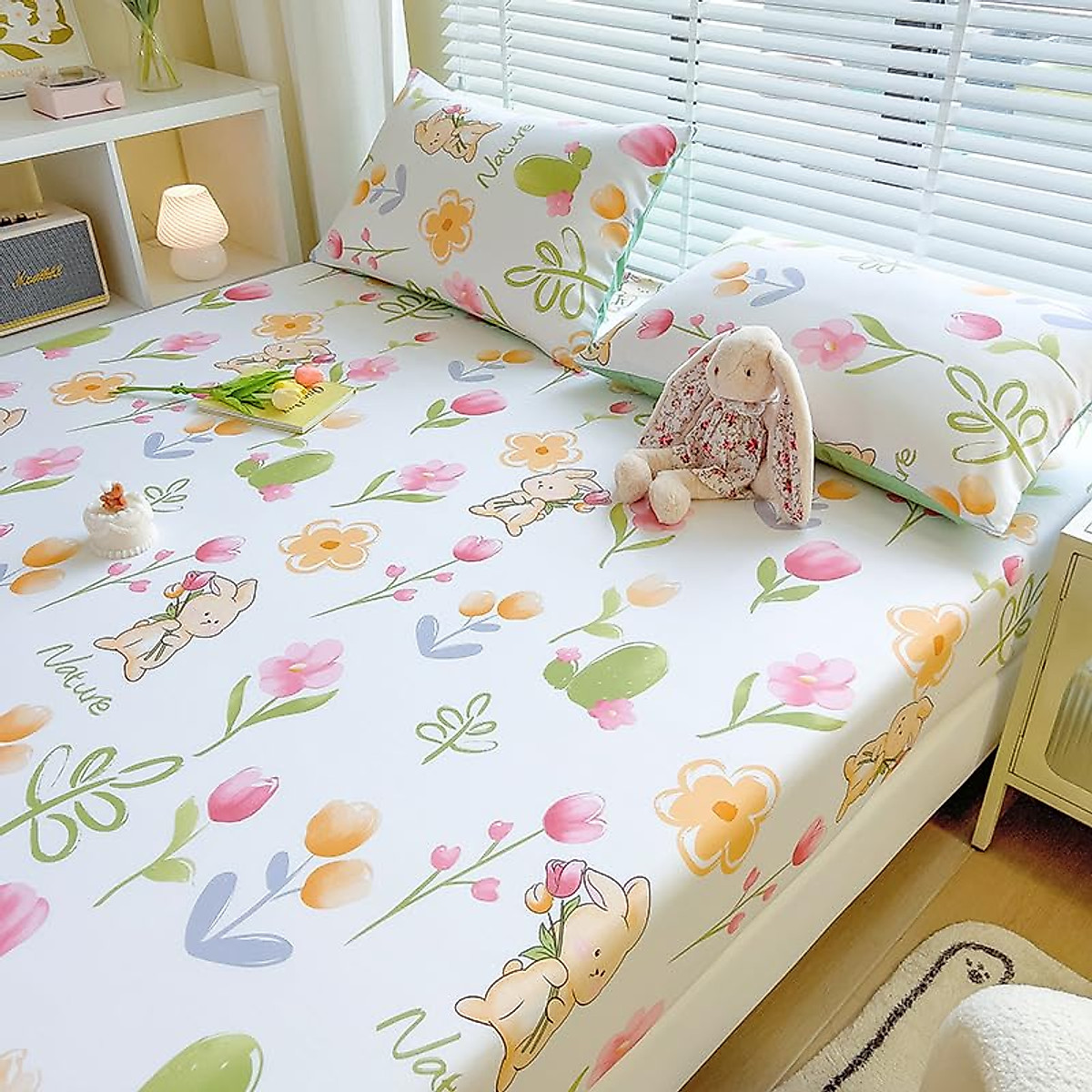 100% Cotton Fitted Sheet with Elastic Bands + 2pc Pillowcases Non Slip Bed Sheet Floral Single Double Twin Twin-XL King Queen Cal-King Bed B84 (Queen (U.S. Standard))