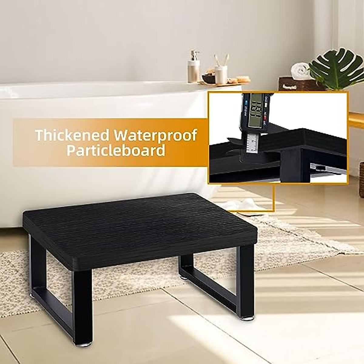 OUTBROS Step Stool for Adults, 7.3'' Tall Bedside Steping Stool Hold Up to 350 lb, One Step Foot Stool for Kitchen, Bedroom, Living Room, Bathroom, Black