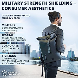 Mission Darkness FreeRoam Faraday Backpack. Stylish Roll Top Bag with Durable Water-Resistant Exterior, RF Blocking Liner, Padded Laptop Compartment, Device Isolation, Anti-Tracking, EMF Shielding