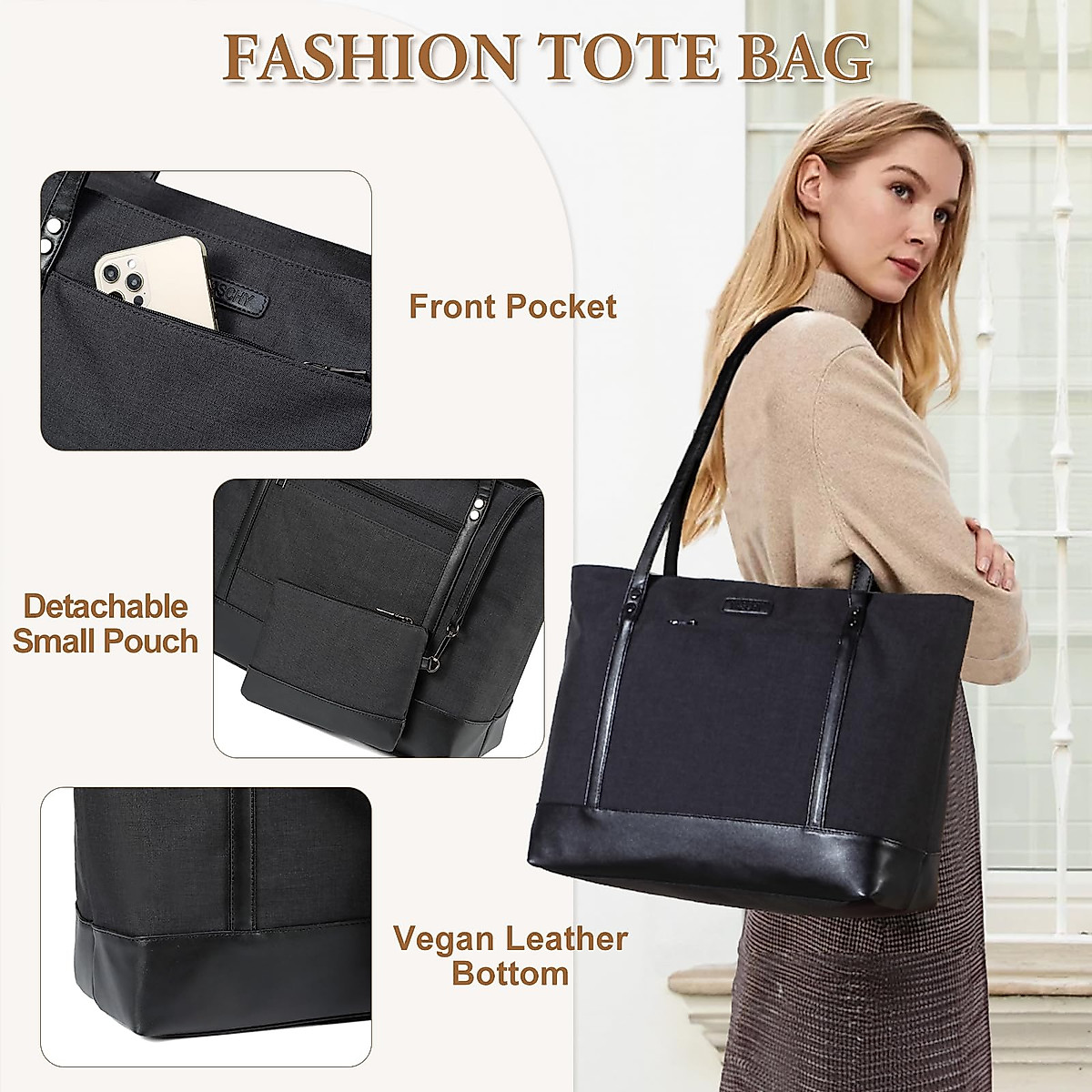 VASCHY Laptop Tote Bag for Women, Large 15.6inch Computer Teacher Bag Purse Briefcase for Travel,Work,Business,Office Black