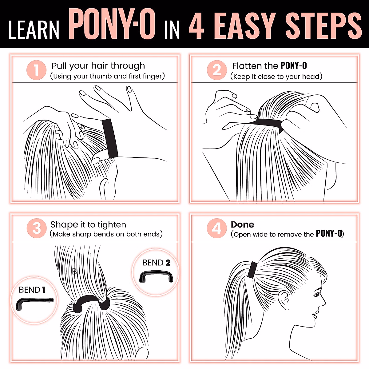 PONY-O- Fine, Medium or Slightly Thick Hair - Original No Damage Volumizing Ponytail Hair Ties - Patented Bendable Design - Stylish Hair Accessories for Women - 2 Pack Black & Dark Blond - Medium