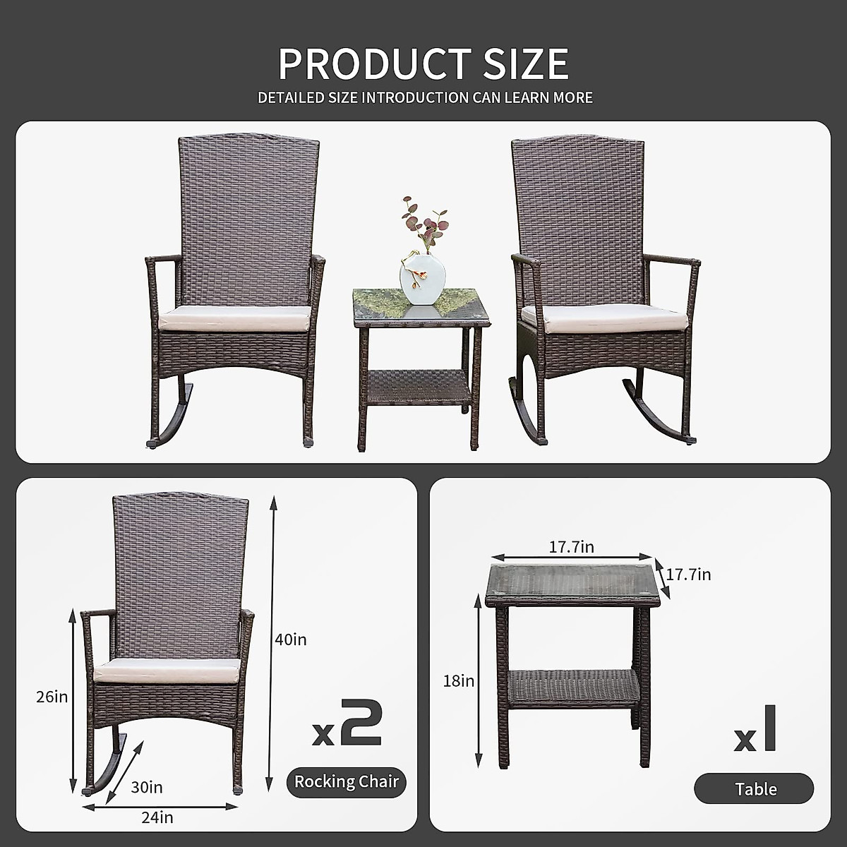 Outdoor PE Wicker Porch Rocking Chair 3 Piece Patio Bistro Set Garden Conversation Furniture Brown Rattan with Glass Coffee Table, Khaki Cushion