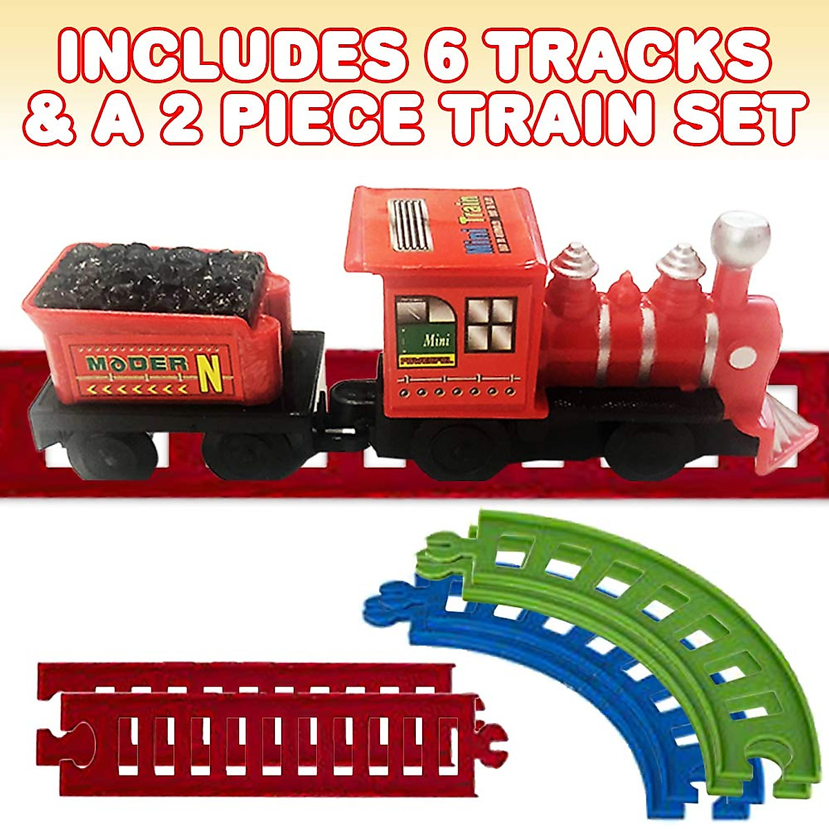 ArtCreativity 8-Piece Wind-Up Train Set for Kids, Toy Train Set with 2 Cars and 6 Tracks Each, Durable Plastic, Cute Christmas Holiday Train for Under The Tree, Great Gift Idea for Boys and Girls