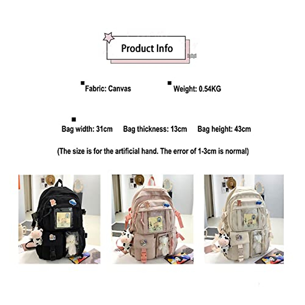 ZUCHON Kawaii Backpack with Pendant and Pins Kawaii School bag Cute Aesthetic Backpack Cute Kawaii Backpack for School (with Lunch Bag) Beige