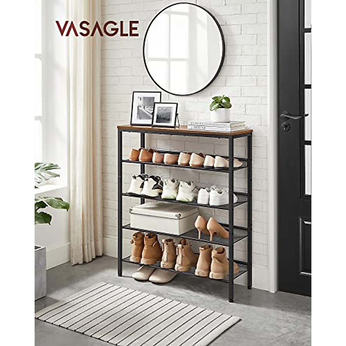 VASAGLE Shoe Rack for Entryway, 5 Tier Shoe Storage Shelves, 16-20 Pairs Shoe Organizer, with Sturdy Wooden Top and Steel Frame, Free Standing, Industrial, Rustic Brown and Black ULBS038B01