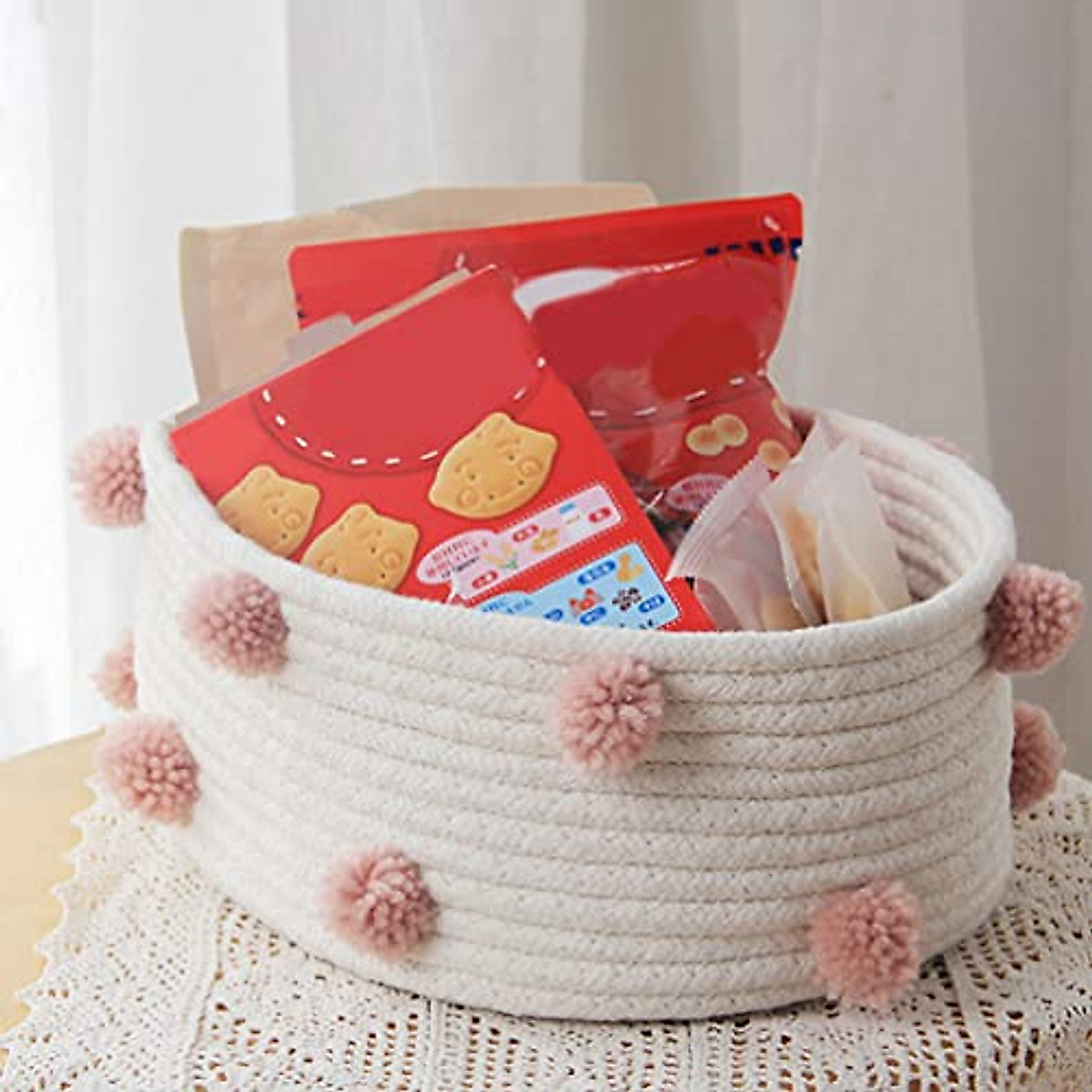 Cotton Rope Basket Storage Bin: Cotton Storage Baskets Woven Blanket Baskets with Pompom Round Storage Organizer for Dirty Clothes Pet Kids Small Items Storage 20X15CM
