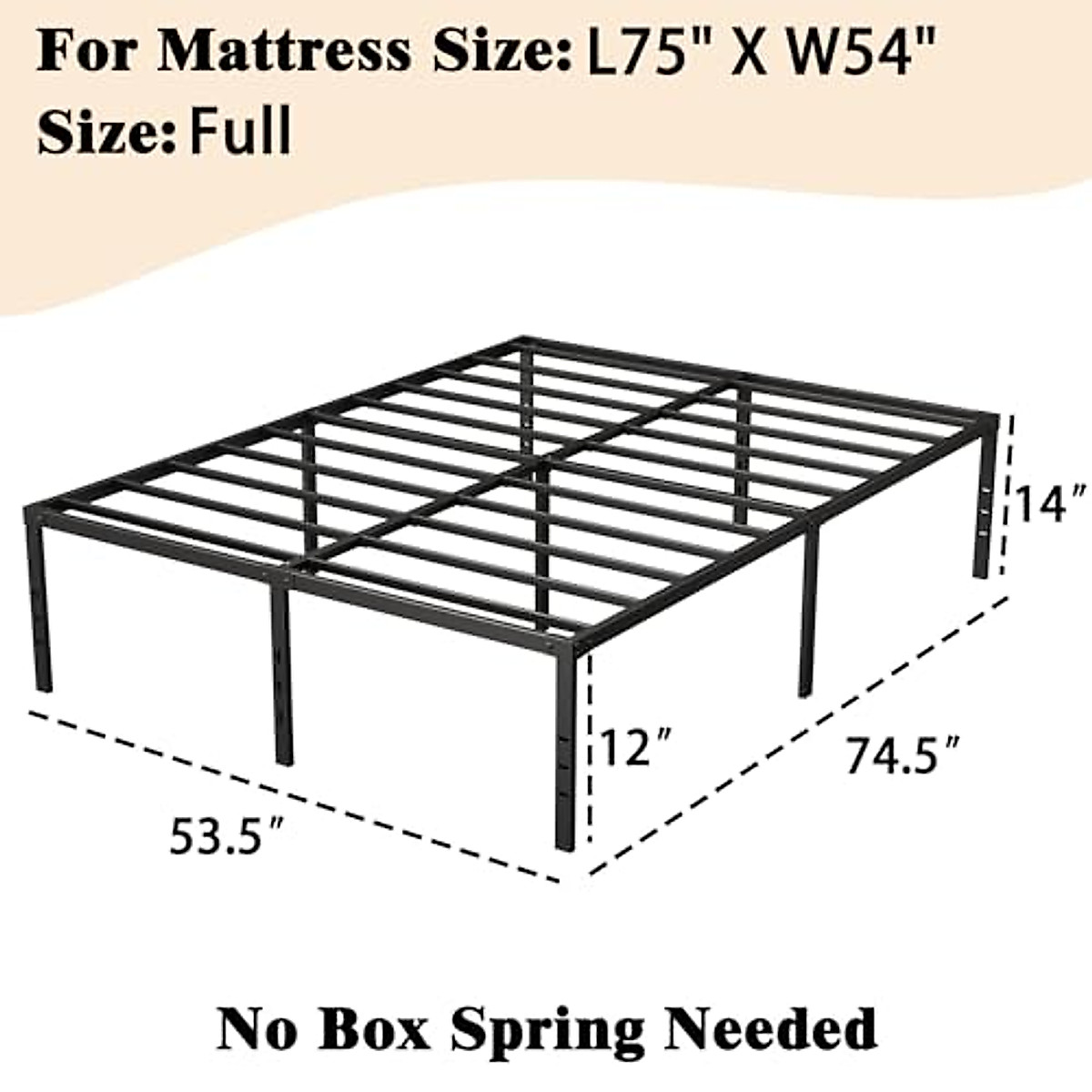 Jebosam Full Size Bed Frame No Box Spring Needed 14 inch Heavy Duty Platform Steel Support 2500 lbs Bed Frame Full Size Easy to Assembly Non-Slip Noise Free Black