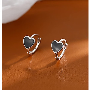 Reffeer Solid 925 Sterling Silver Love Heart Hoop Earrings for Women Teen Girls Black Heart Huggie Earrings Small Hoop (A-Silver)