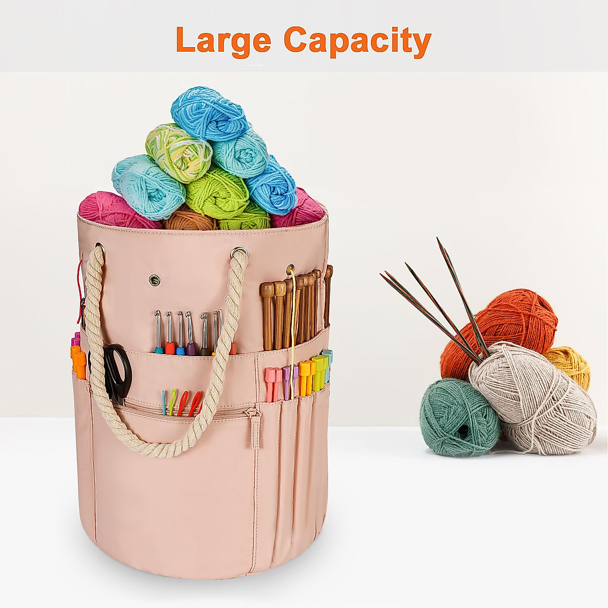 KENOBE Knitting Bag Crochet Organizer, Portable Large Capacity Travel Yarn Storage Holder Tote for Knitting Accessories Supplies, Needles Hooks Essentials, Crochet Project Case, Rose Gold