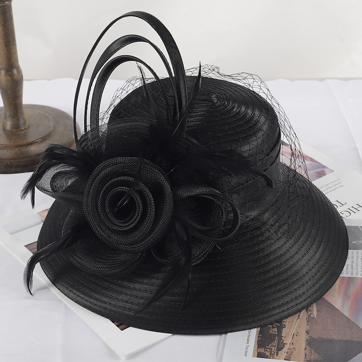 Women Church Tea Party Hat Kentucky Derby Wedding Cloche Bowler Dress Hats with Feathers(Black)