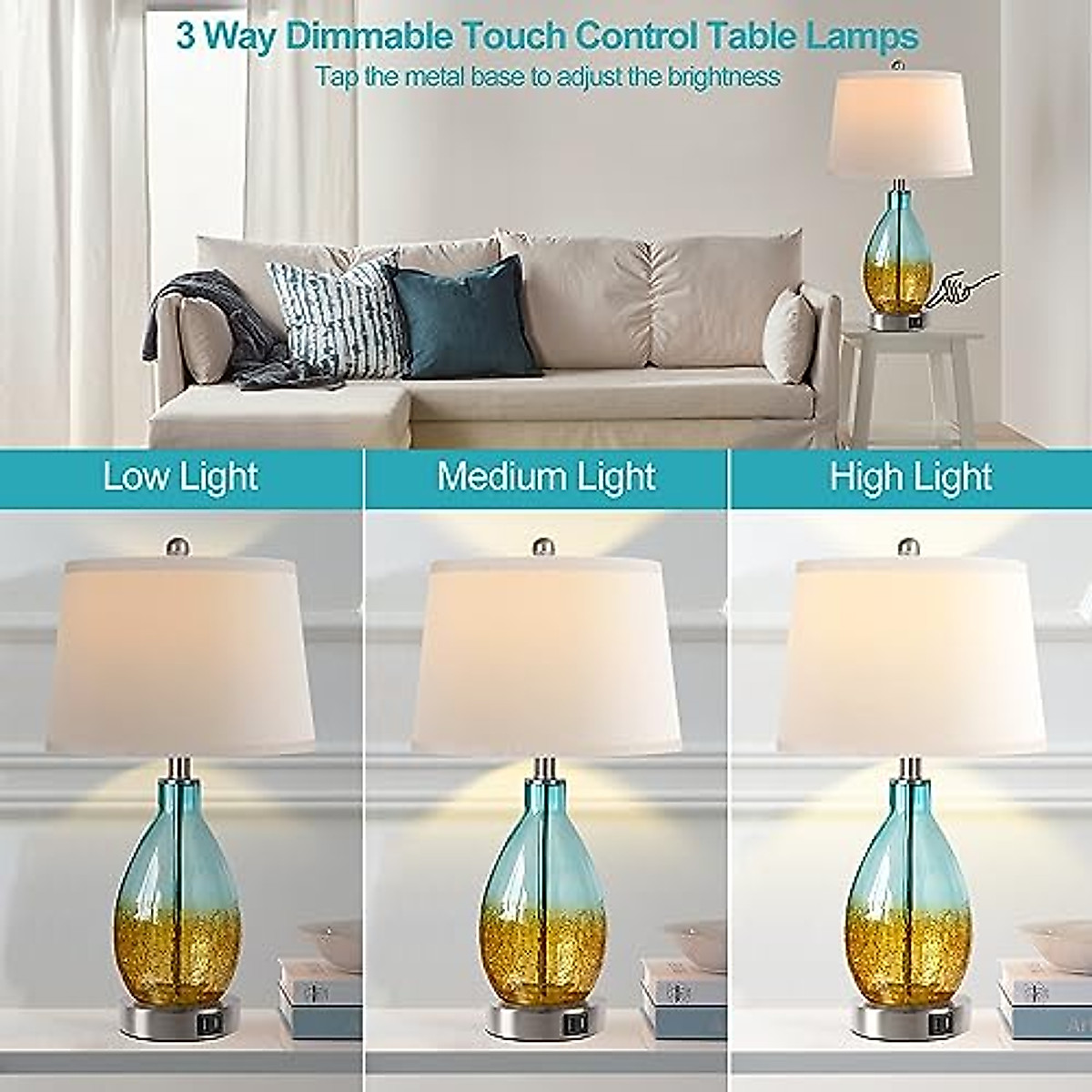 Table Lamps Set of 2, Modern Ombre Blue Glass Touch Control Bedroom Nightstand Lamp for Living Room with USB Ports, Coastal 3-Way Dimmable Bedside Table Lamp with White Shade (LED Bulbs Included)