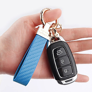 Turcee Carbon Fiber Car Keychain,Automotive Interior Accessories Keychains Leather Car Key Fob &Anti-Lost D-Ring Blue 4.9x1.36''