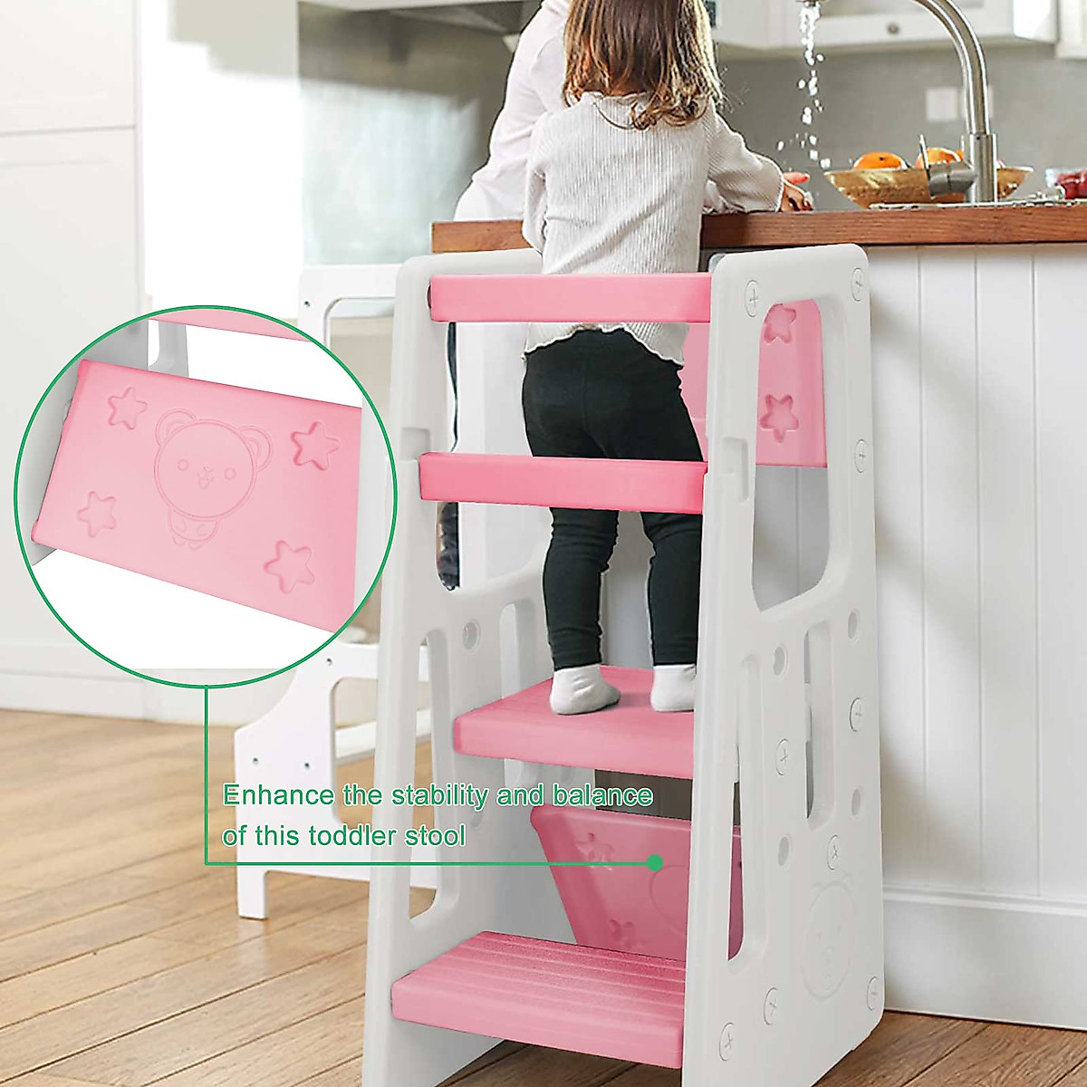 Nursery Kitchen Step Stool w/ 3 Adjustable Heights Toddler Standing Tower Kids Learning Stool w/Double Safety Rails & Non-Slip Foot Pads Cooking Stool Stand Helper Bathroom Counter Footstool (Pink)