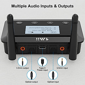 1Mii B03+ Bluetooth Transmitter Receiver for TV Home Stereo, Long Range Bluetooth 5.3 Adapter for TV Audio with Screen, aptX Low Latency & HD, Optical RCA AUX 3.5mm Inputs/Outputs