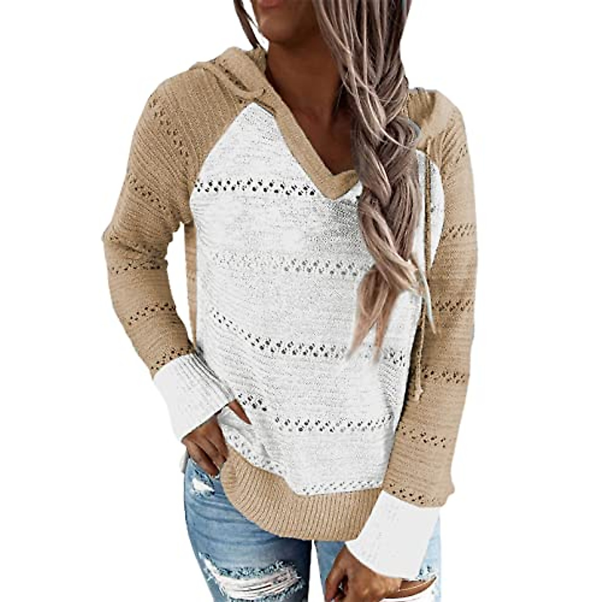 BLENCOT Women's Drawstring Color Block Hoodies Pullover V Neck Casual Long Sleeve Knitted Sweatshirts Khaki 2XL