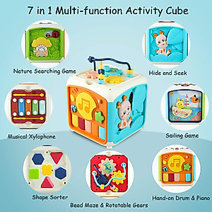 Tikooere Activity Cube Toy for Baby,7 in 1 Multi-Function Play Cube with Music Keyboard,Drum and Xylophone,Educational Musical Toy Gifts for Toddlers Kids Boys Girls 1 2 3 4 5 6 Years Old(Blue)