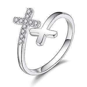 CANEER 925 Sterling Silver Christian Faith Cross Ring for Women, Dainty Inspirational Jewelry Easter Teen Gifts