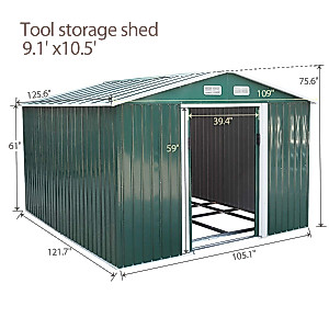 9.1' x 10.5' Large Outdoor Backyard Garden Storage Sturdy Shed Utility Tool Organizer w/Gable Roof, Double Lockable Sliding Door, 4 Vents, Stable Base - Green