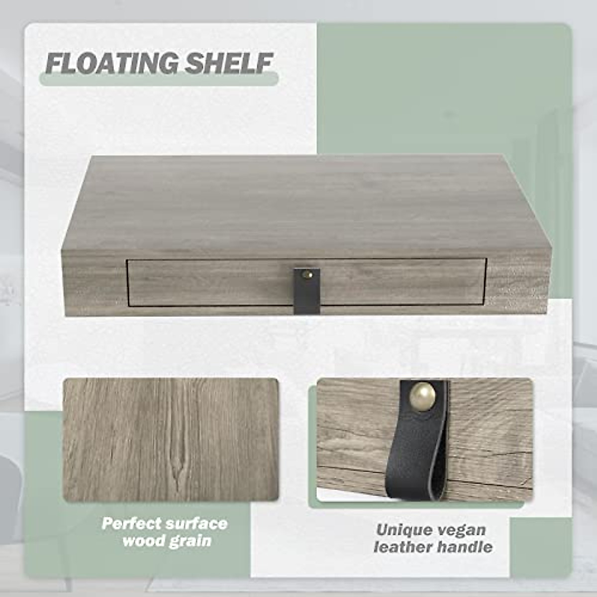 Floating Shelf with Drawer, Floating Nightstand for Bedroom - 16” Wall Shelf, White Floating Shelf with Storage, Floating Shelf for Office Bathroom Kitchen Floating Bedside Table (Light Grey)
