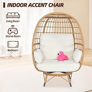 Temminkki Oversized Wicker Egg Chair Outdoor Indoor All-Weather Basket Lounger Chair with Beige Cushion 440lb Capacity