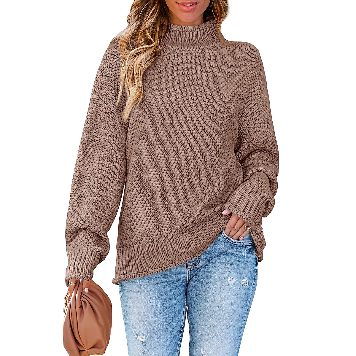 ZESICA Women's Turtleneck Batwing Sleeve Loose Oversized Chunky Knitted Pullover Sweater Jumper Tops,Khaki,Medium