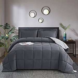 HIG 3pc Grey Queen Size Comforter Set - All Season Reversible Down Alternative Comforter with Two Shams - Quilted Duvet Insert with Corner Tabs - Box Stitched Blanket - Breathable, Soft