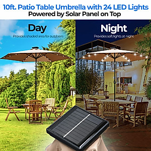 SereneLife SLSK3790.3 10ft. Patio Table Umbrella with 24 LED Lights-8 Sturdy Ribs with Push Button Tilt UV Protection, Outdoor Furniture for Garden Lawn Deck Pool and Beach