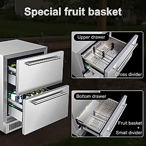 24 Inch Outdoor Drawer Fridge, Under Counter Double Drawer Beverage Refrigerator, 5.12 Cu.Ft. Weather Proof Stainless Steel Built-in Freezer Cooler for Patio Outdoor Kitchen, Indoor Outdoor Use