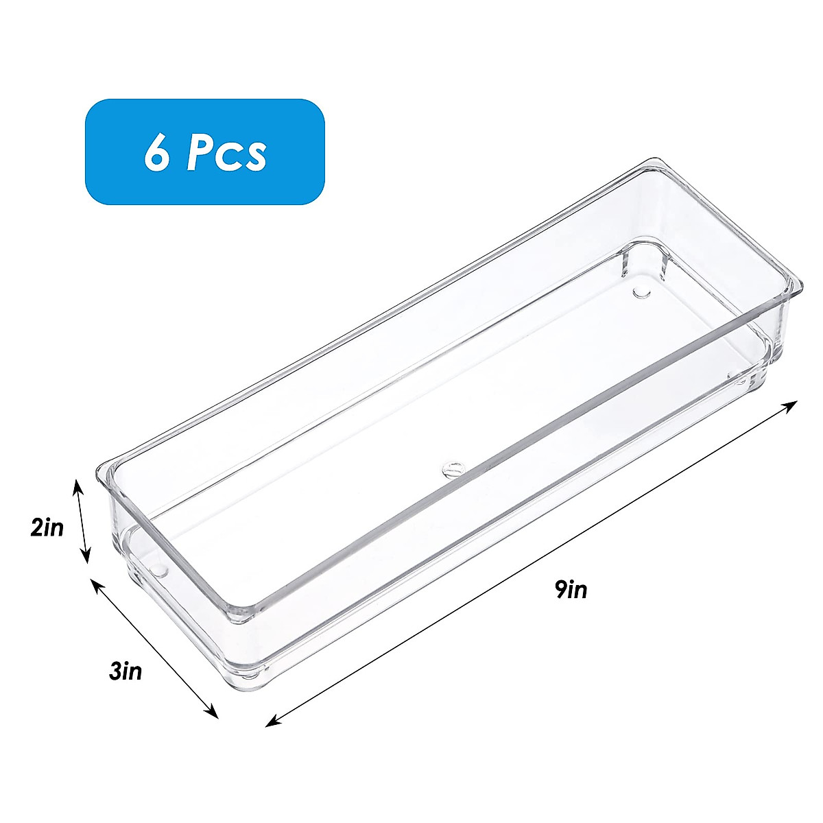 Fixwal Clear Drawer Organizers, 6-Piece 9x3x2 Inches Stackable Plastic Rectangle Trays, Dresser Storage Bins Separation Box for Bathroom, Office, Bedroom