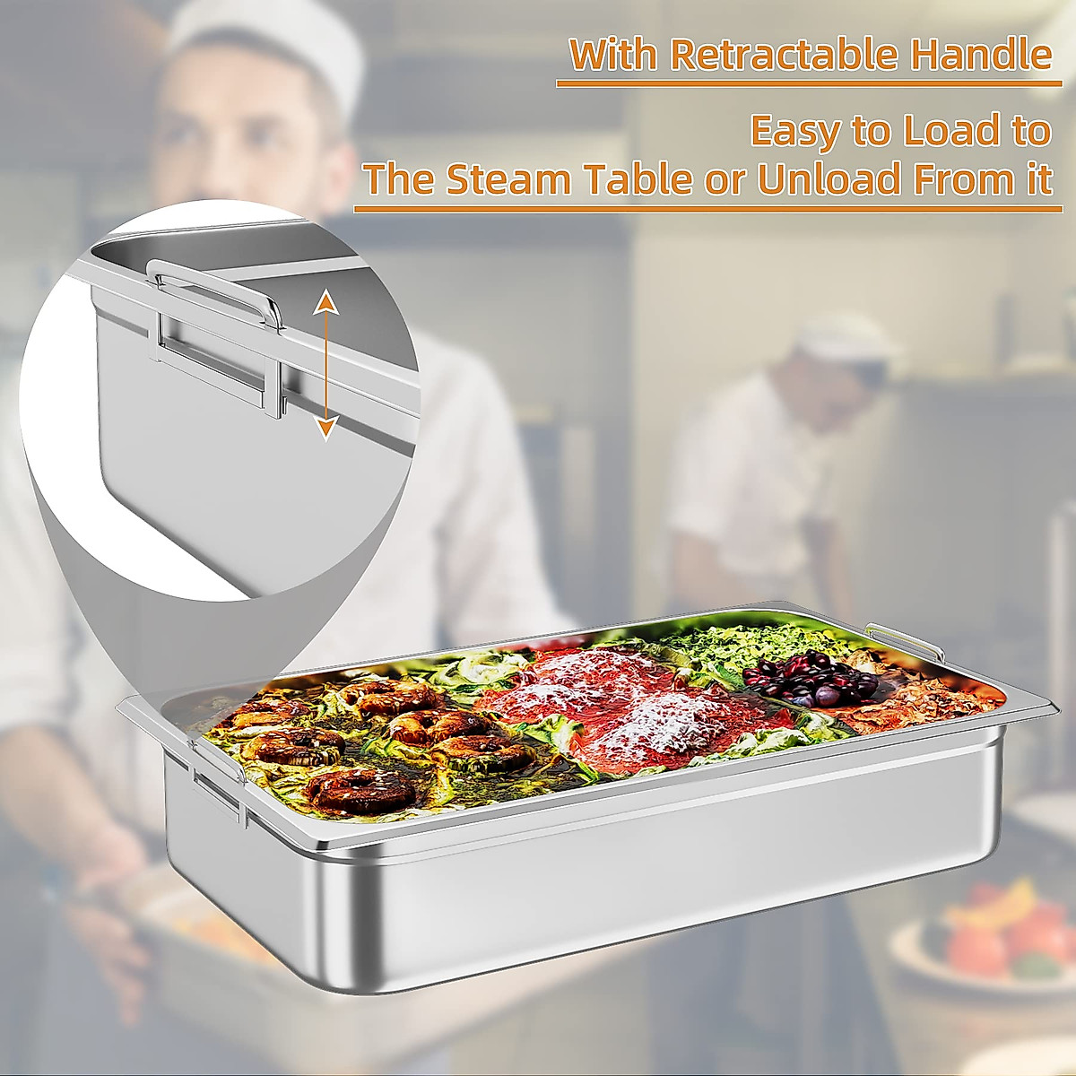 Full Size Steam Table Pans with Handle, 6-Pack 4 Inch Deep Restaurant Steam Table Pans Commercial, Anti-Jamming Hotel Pan Stainless Steel