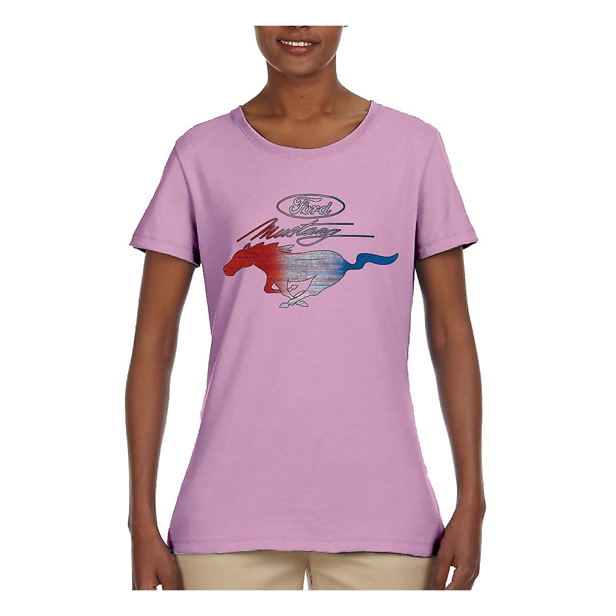 Ford Mustang Shirt USA Flag Mustang Emblem Cars and Trucks Womens Graphic T-Shirt, Light Pink, Medium