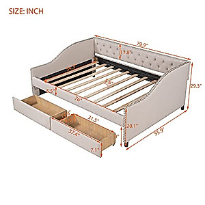 ODC Full Size Daybed with Two Storage Drawers,Solid Wooden Upholstered Daybed Dual-use Sofa Bed Bedframe w/Wood Slat Support & Safety Guardrails,Space-Saving Design & No Box Spring Needed