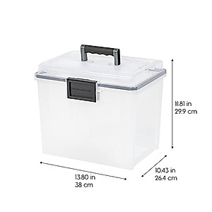 IRIS USA 19 Qt. WEATHERPRO Letter Size Portable File Box, 4 Pack, Plastic Storage Container with Organizer-Lid and Seal and Secure Latching Buckles, Weathertight, Clear with Black Buckle
