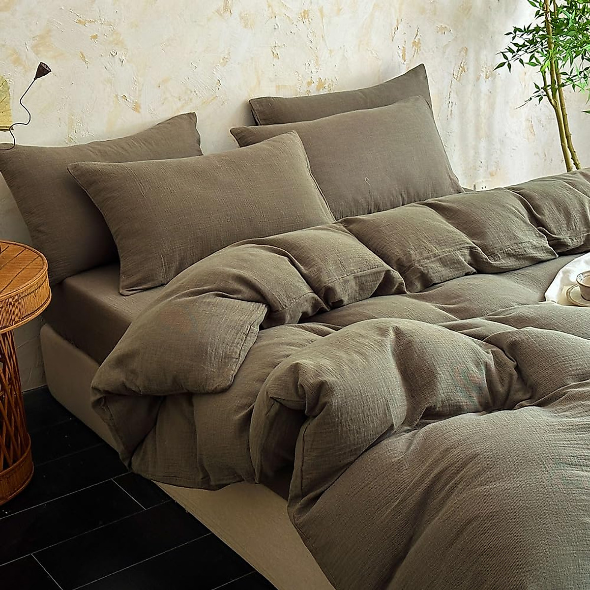 NSNLGSGC 100% Muslin Cotton Textured Duvet Cover King Size, 2-Layer Small Checked Lightweight and Breathable Muslin Bedding, Linen Like Gauze Comforter Cover Set (Dark Green Checked, King)