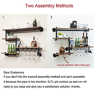 HEONITURE Industrial Pipe Shelves Wine Rack Wall Mounted with 4 Stem Glass Holder,Bar Shelves 39in Metal Hanging Wine Rack, Rustic Floating Pipe Shelf, Living Room Kitchen Decor Display Rack