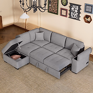 Ball & Cast 85" Sectional Sofa W/Movable Storage Ottoman,Velvet L-Shaped Corner Couch with Hidden Arm Storage & USB Charge,for Living Room,Bedroom,Gray