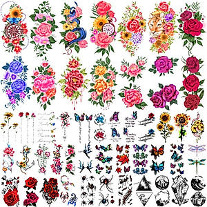 Yazhiji 49 Sheets Temporary Tattoos for Women and Men 3D Extra Large Waterproof Sexy Flowers Fake Tattoo Kits