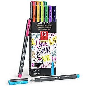 ARTEZA Felt Tip Pens, Set of 12 Bright Brush Tip Calligraphy Pens for Note Taking, Sketching, Cross-Hatching, and Outlining, Dye-Based Ink, Smear-Free