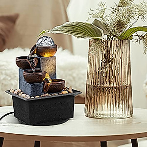 Tabletop Fountain 4 Level Tabletop Waterfall Meditation Fountain Indoor Fountain Office Home Relax Desktop Fountain Pool Includes Many Natural River Rocks LED Lights Fixed Decorative Bubble Ball